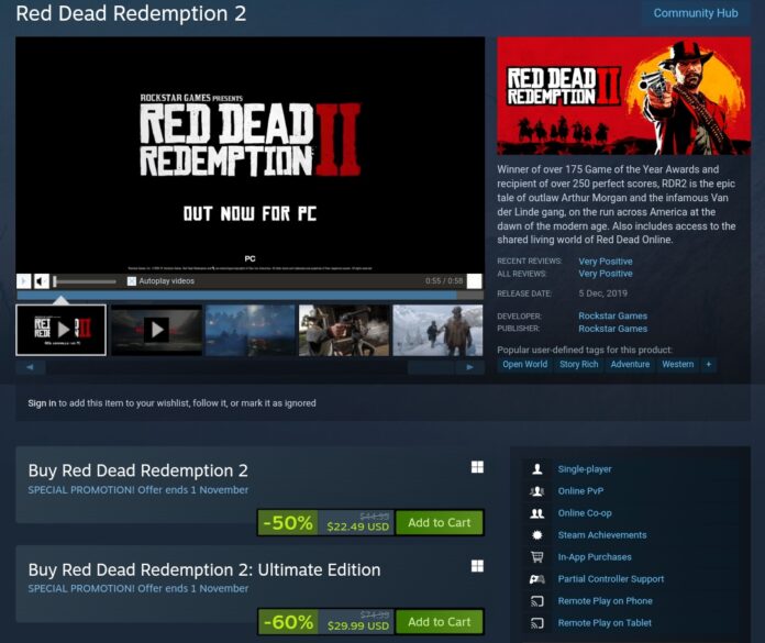 Red Dead Redemption 2 PC Is Selling At 50% Discount On Steam