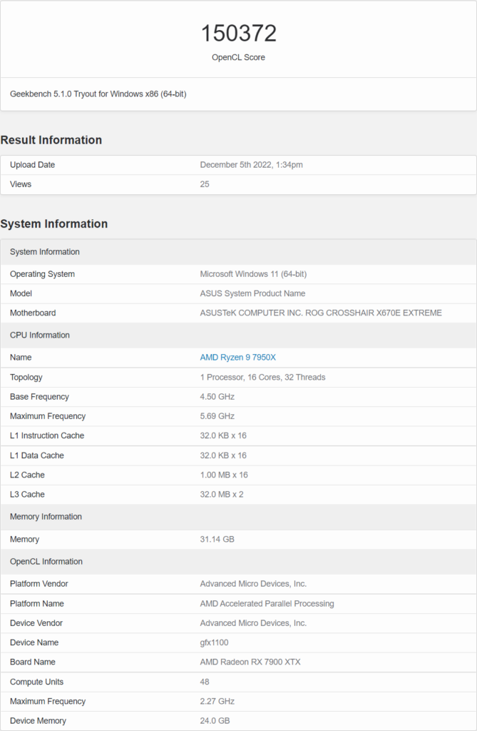 AMD Radeon RX 7900 XTX Geekbench 5 Test Scores Leaked Online