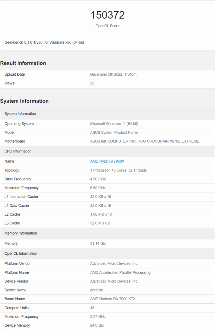 AMD Radeon RX 7900 XTX Geekbench 5 Test Scores Leaked Online
