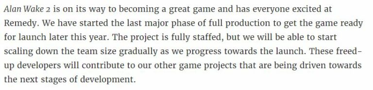 Alan Wake 2 Reaches Final Stages Of Production