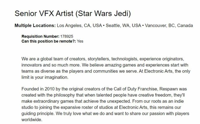 Job Listing Hints New Star Wars Jedi Game Already In Development