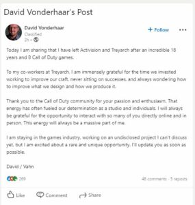 David Vonderhaar Departs From Treyarch After Nearly 20 Years