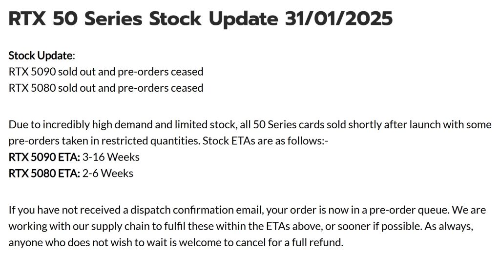 GeForce RTX 5090 Restocks Could Take 4 Months, Warns Overclockers UK