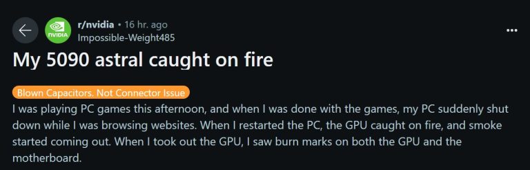 $2800 ROG Astral RTX 5090 Reported Dead Following Fire And Blown Capacitor